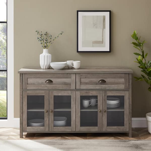Grey Wash Wood and Glass Transitional Farmhouse 4 Door Sideboard with 2 Drawers