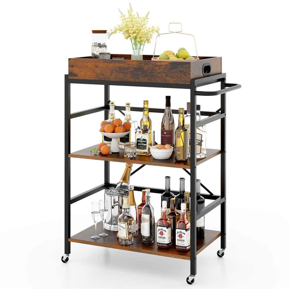 Costway Rustic Brown Bar Cart with Removable Tray and Wheels HCST03012 ...