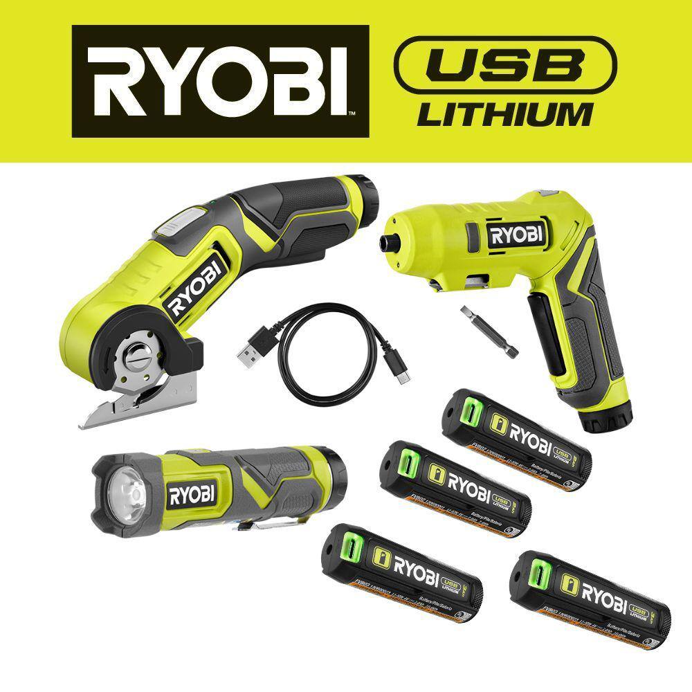 RYOBI USB Lithium 3-Tool Combo Kit w/ Flashlight, Screwdriver, Cutter ...