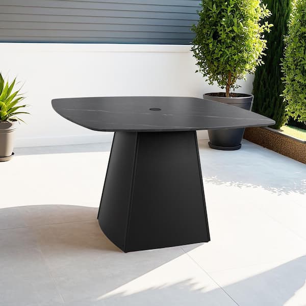 Modern 44" Rounded Square Outdoor Pedestal Dining Table-Black Sintered ...