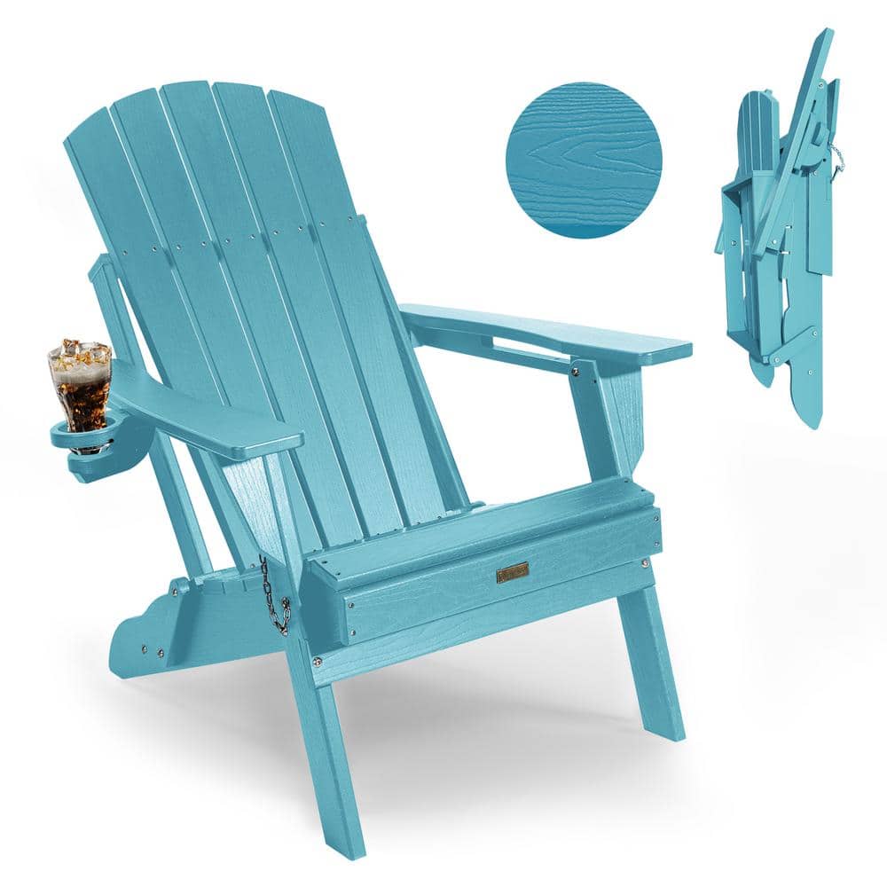 Mximu Blue HDPE Outdoor Folding Plastic Adirondack Chair with Cupholder ...