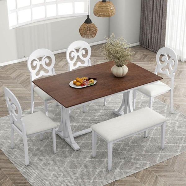 Antique White 6 Piece Wood Vintage Style Round Table Upholstered Chair and Bench Outdoor Dining Set with Beige Cushions