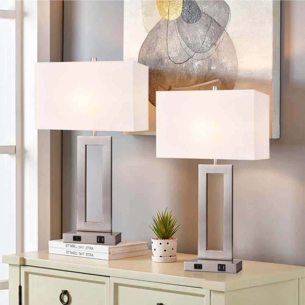 LamQee 20 in. Brushed Nickel Touch Control Bedside Table Lamp with ...