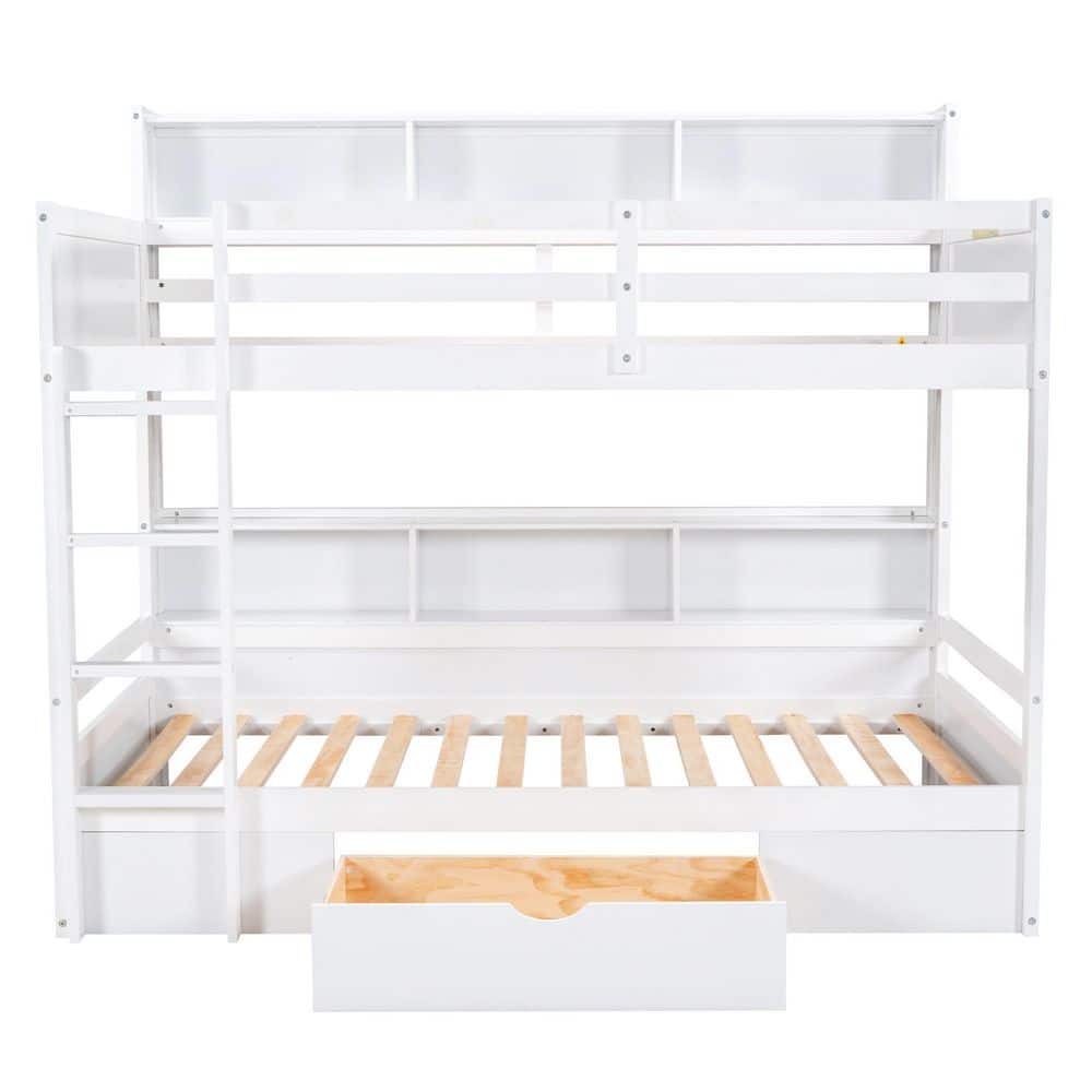 Angel Sar White Wood Twin Over Twin Bunk Bed with Storage Drawer and ...