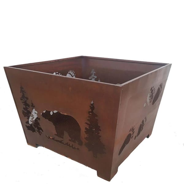 Esschert Design Bear 24 in. x 16 in. Square Steel Wood Burning Fire Pit ...