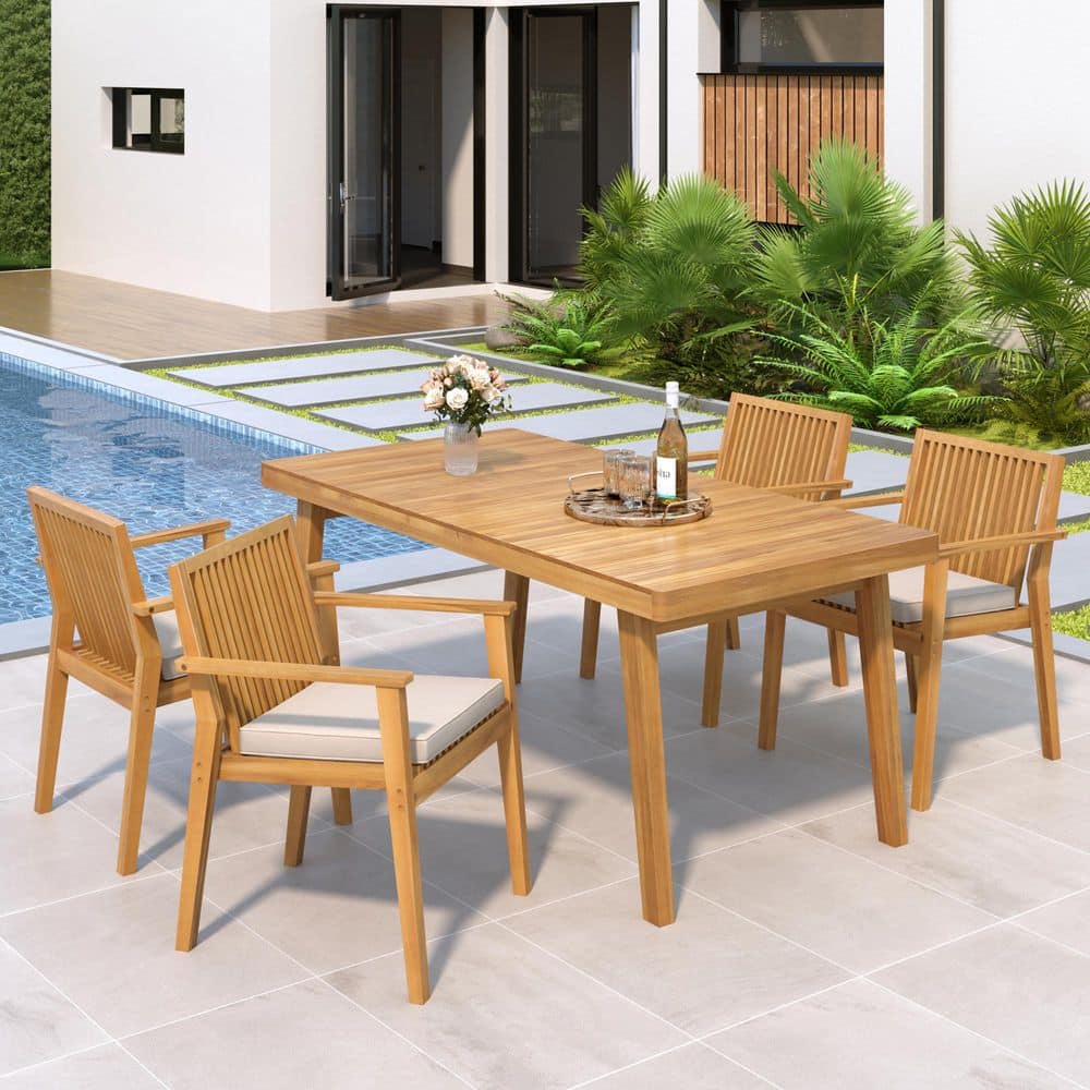 Natural 5-Piece Wood Outdoor Dining Set with Beige Cushions, Acacia ...