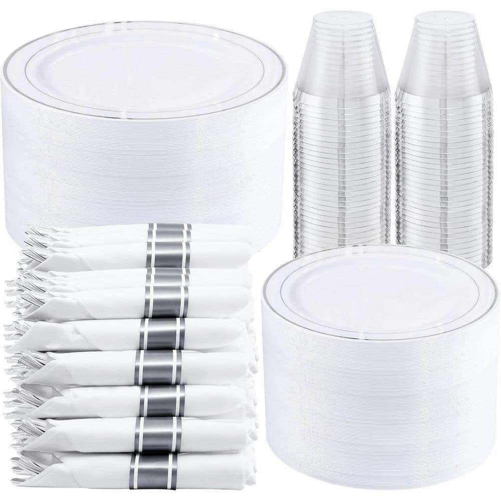 Adrinfly Silver Plastic Dinnerware Set - Disposable Plates, Cups and ...