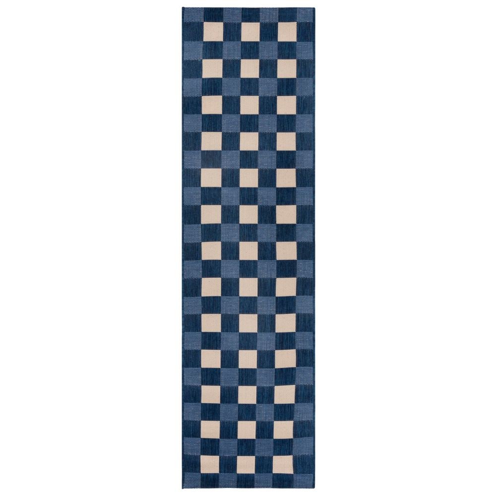 SAFAVIEH Courtyard Navy/Beige 2 ft. x 7 ft. Plaid Grid Indoor/Outdoor ...