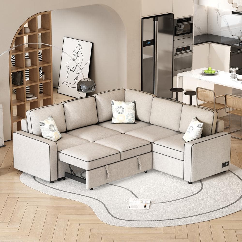 83 L Shaped Modern Linen Sectional Sofa Convertible Sleeper Sofa in. Cream with USB Ports Power Sockets and 3 Pillows
