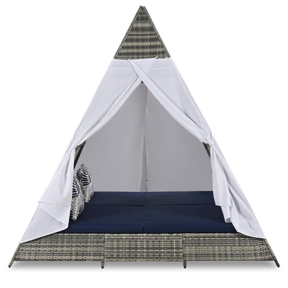 Sudzendf Wicker Outdoor Day Bed with Blue Cushions, Tent Shape Patio ...