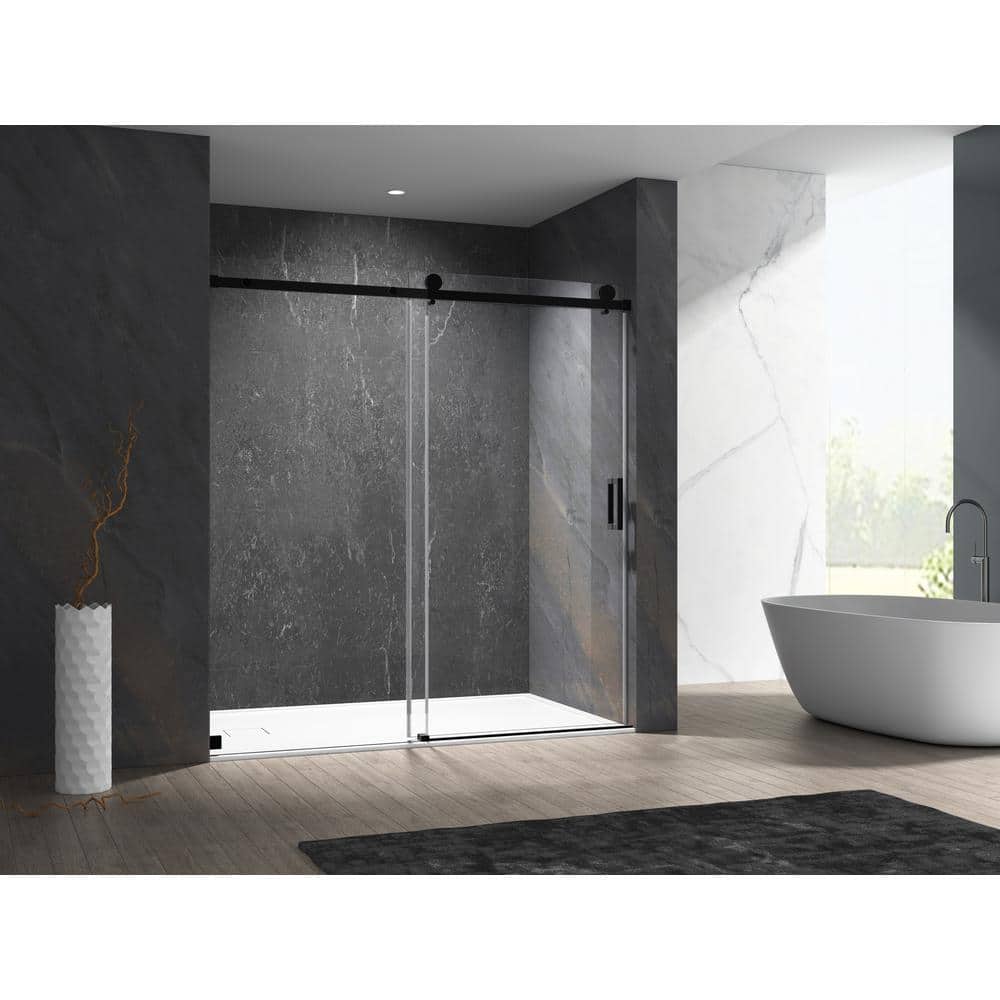 MCOCOD 60 in. W x 76 in. H Single Sliding Frameless Shower Door in Matte Black with Smooth ...