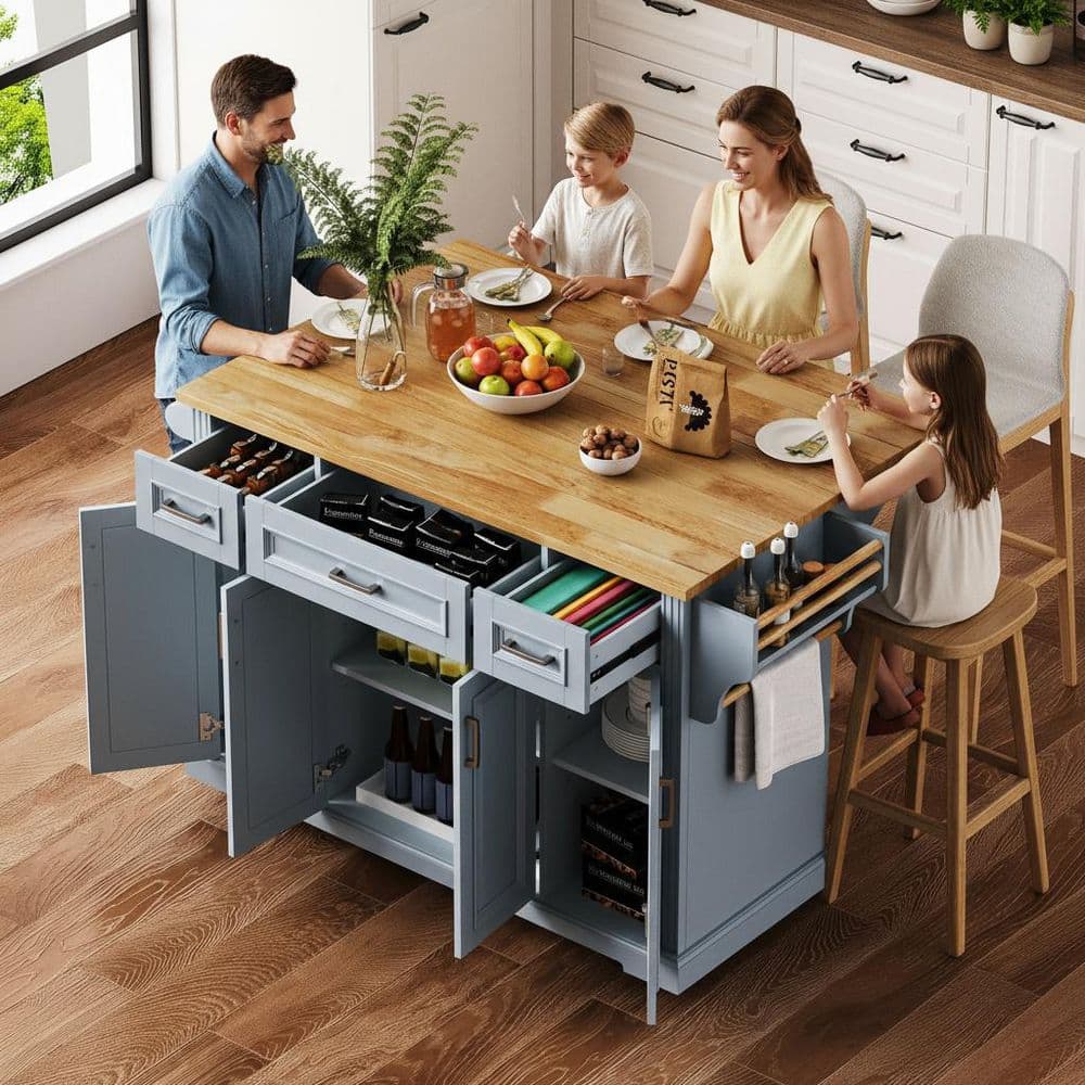 Runesay Rustic Coastal Gray Blue Wood 54 in. Rubber Wood Drop Leaf ...