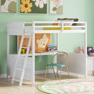 Harper & Bright Designs White Full Size Multifunctional Wood Loft Bed with Bedside Tray, 4 ...