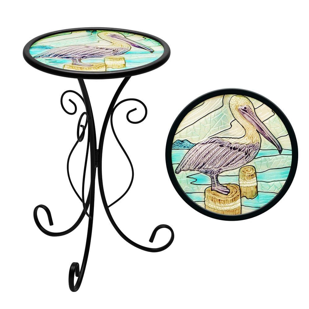 G128 Everyday 12 in. Round Glass Pelican Pattern Outdoor Side Table OD ...