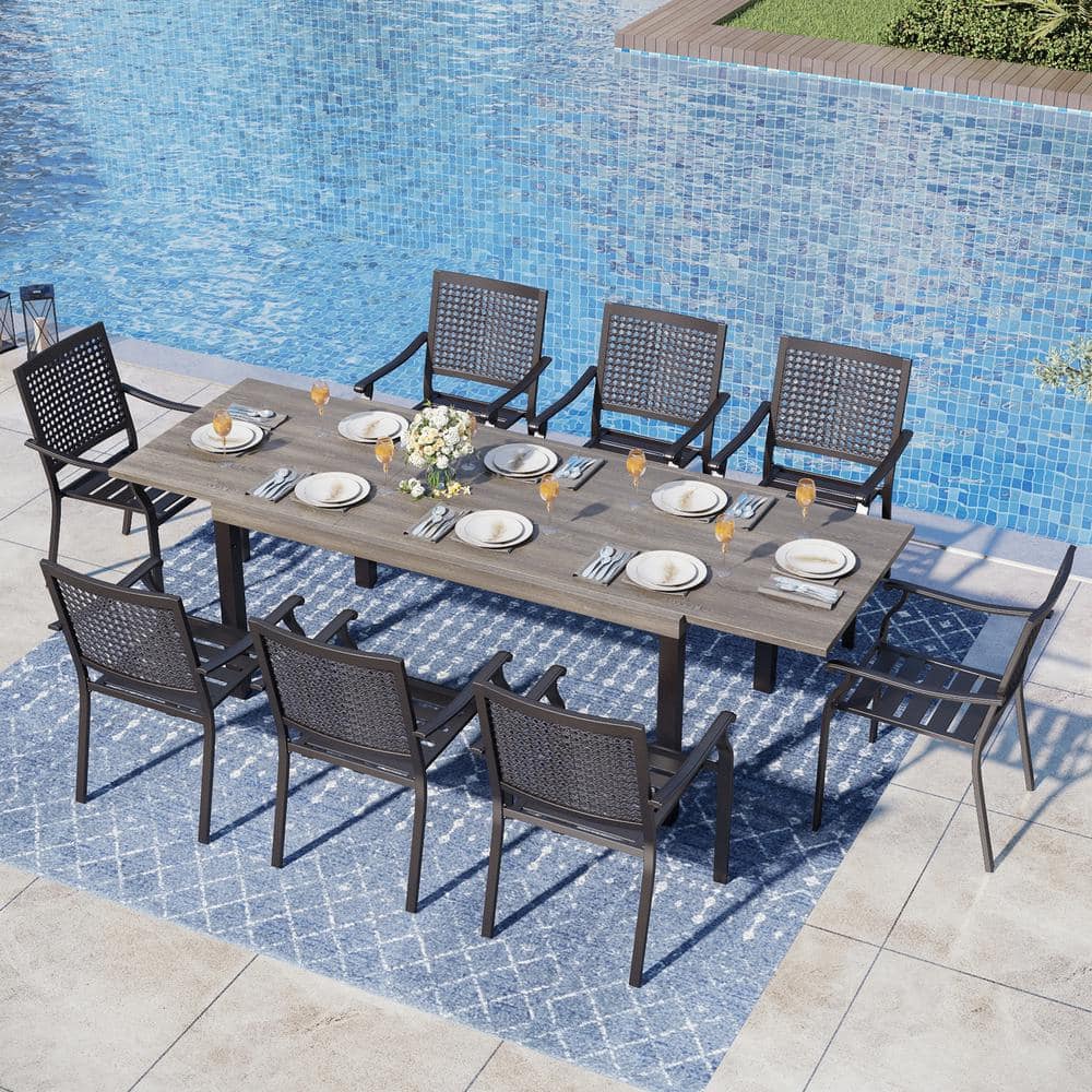 PHI VILLA 9-Piece Metal Outdoor Dining Set with Extensible Rectangular ...