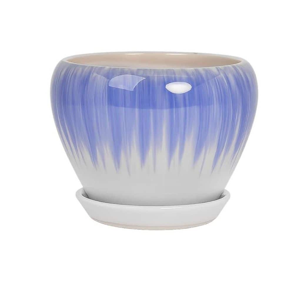 OGETFUUR White and Blue Ceramic Round Flower Planter with Drainage Hole ...