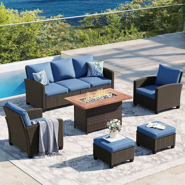 DIFY 6-Piece Wicker Patio Fire Pit Conversation Set with Sofa, Chairs ...