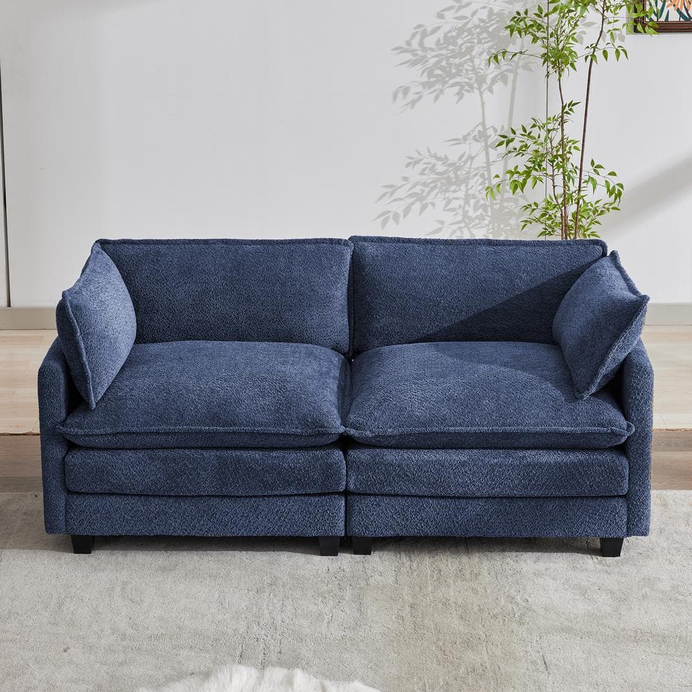 JEAREY Modern 76.77 in. Navy Looped Velvet Loveseat with Two Pillows ...
