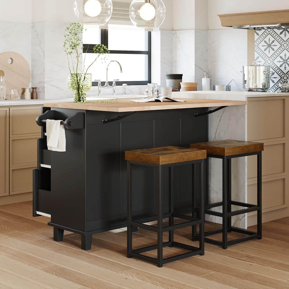 Harper & Bright Designs Black Rubber Wood 50.3 in. W Kitchen Island ...