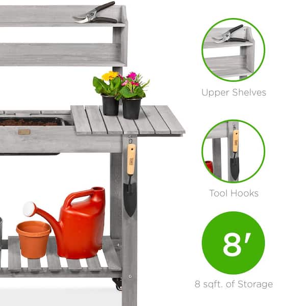 Best Choice Products Wood Garden Potting Bench Workstation Table w Sliding Tabletop 4 Locking Wheels Dry Sink Gray