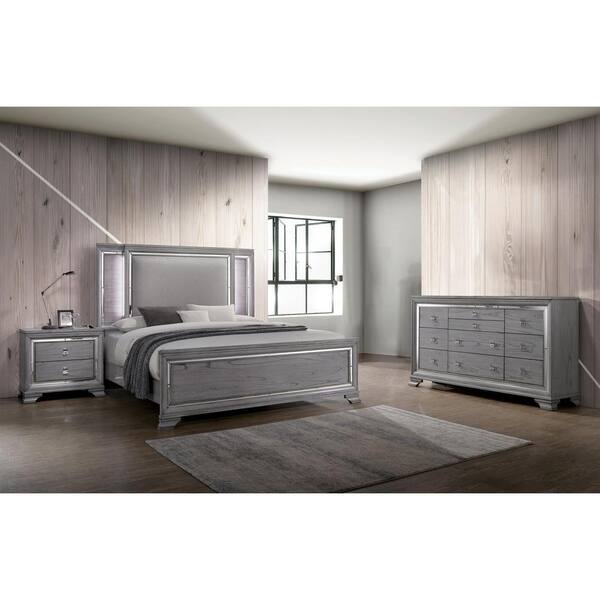 Furniture of America Tannon 3 Piece Light Gray Queen Wood Bedroom Set Bed Nightstand and Dresser IDF 7579Q 3ND