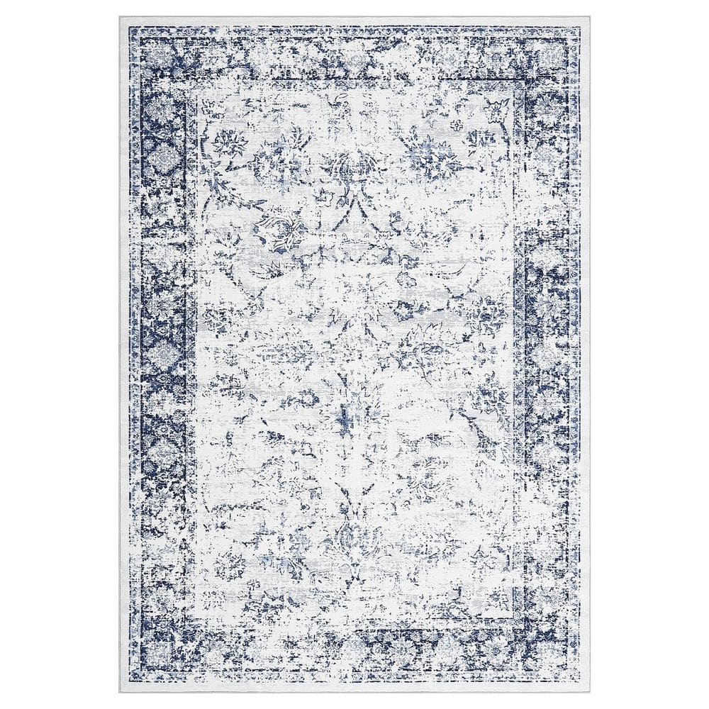 8 ft. x 10 ft. Blue Large Size Non-Slip Bohemian Style Washable Vintage ...