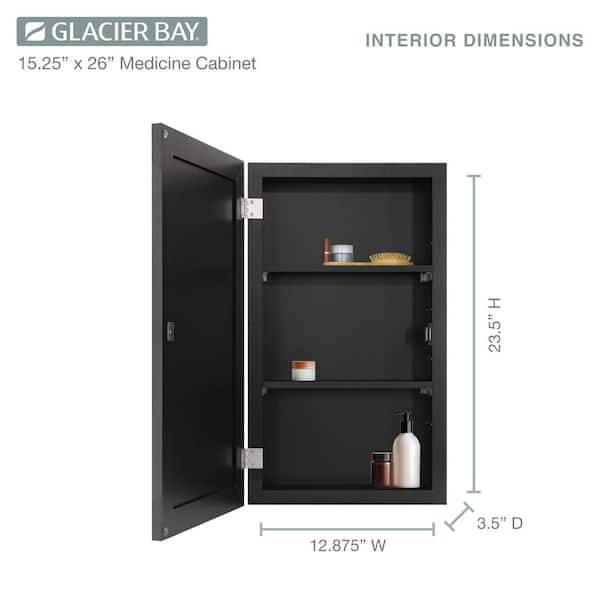 Glacier Bay 15 1 4 in. W x 26 in. H Rectangular Framed Recessed or Surface Mount Bathroom Medicine Cabinet with Mirror Black 24357
