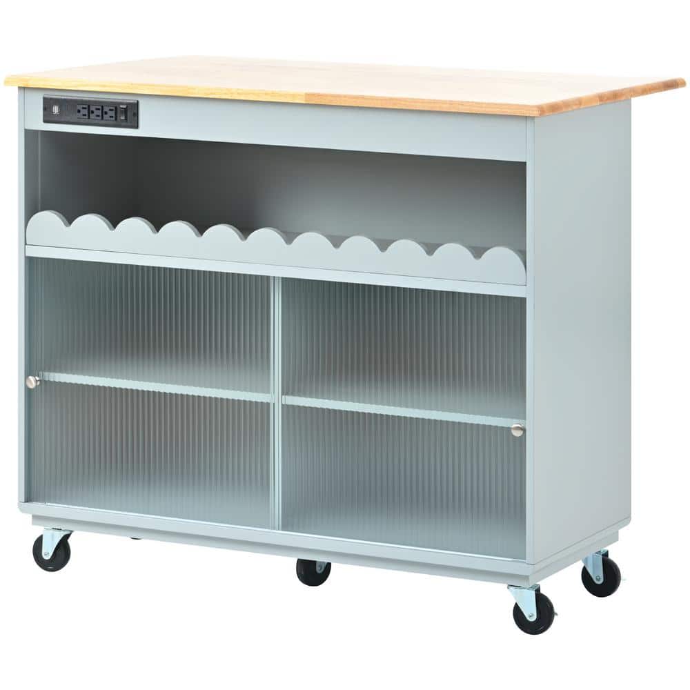 Grey Blue LED Light Kitchen Cart Island on Wheels with Power Outlets, 2 ...