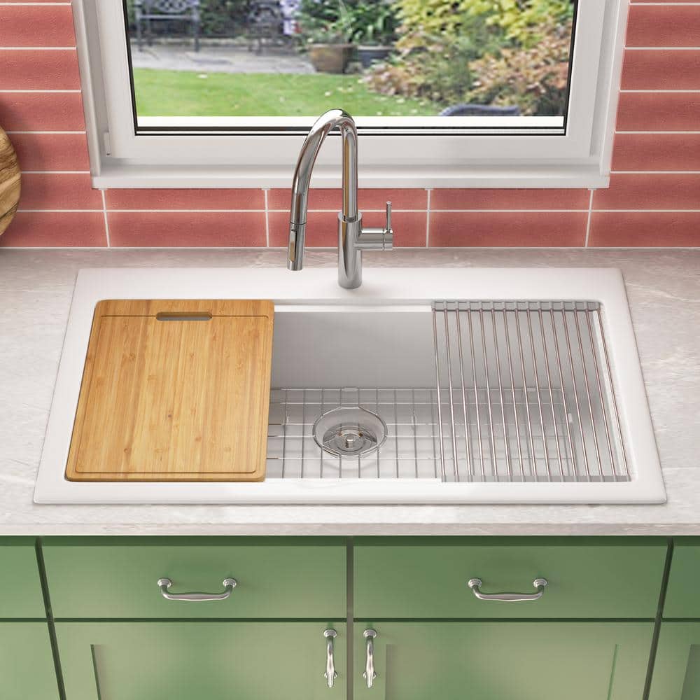 DEERVALLEY 36 in. x 22 in. Drop in Topmount White Fireclay Single Bowl ...