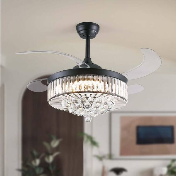 WDETR 48 in. Indoor Modern Black Smart Retractable Crystal Ceiling Fan ...