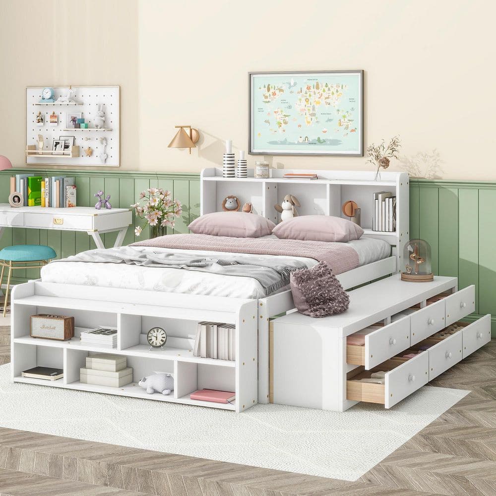 Noble House Mora White Wood Frame Full Size Platform Bed with Bookcase ...
