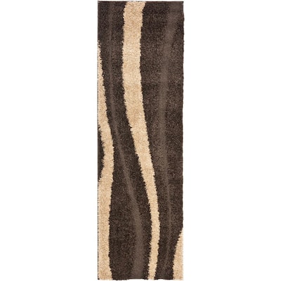 Safavieh Florida Shag Dark Brown/Beige 5 ft. x 5 ft. Round Striped Area ...