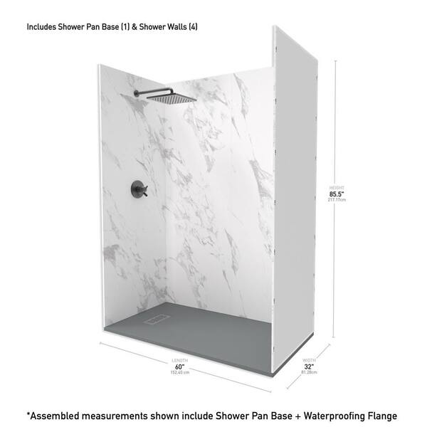 CASTICO Carrara 32 in. x 60 in. x 84 in. Solid Composite Stone Alcove ...