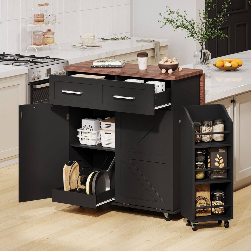 Farmhouse Wood Black 47.2 in. W Kitchen Island with Removable Side ...