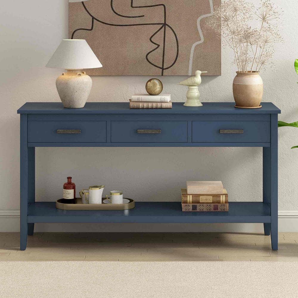 Polibi 59.1 in. Navy Blue Rectangle Wood Console Table with 1-Shelf ...