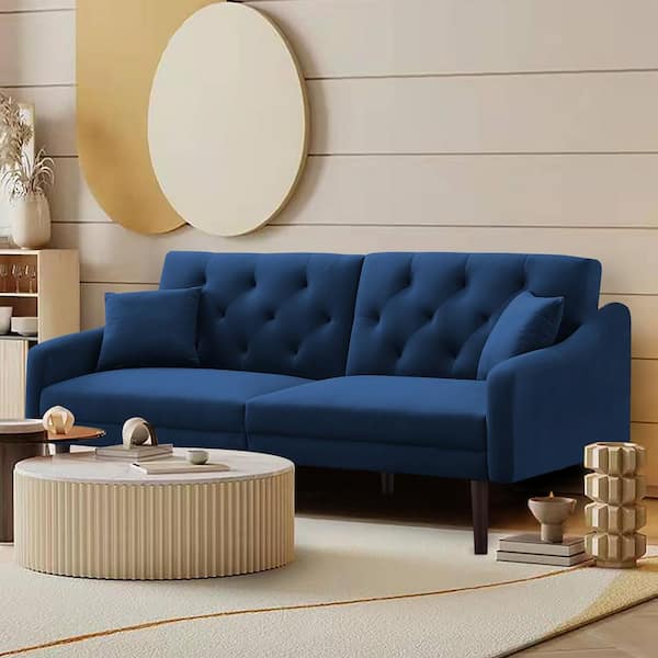 Uixe Modern Velvet Square Arm Convertible Futon Sofa Bed in Blue with 2 ...