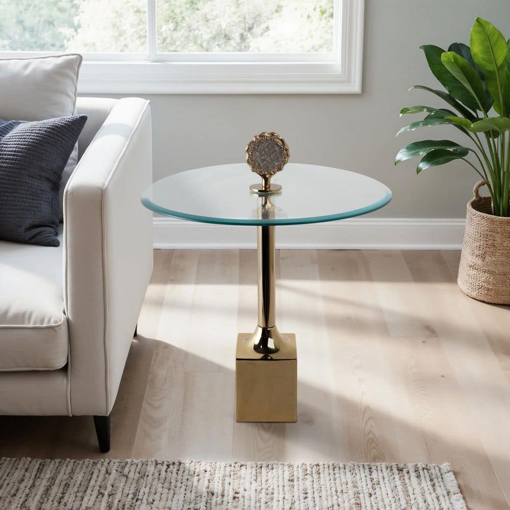 Liv & Skye 20 in. Gold Round Glass Quartz Metal Base End Table HD20982 ...