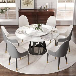 Magic Home 53 in. Pandora Round Sintered Stone Tabletop with Black Metal Pedestal Base Dining ...