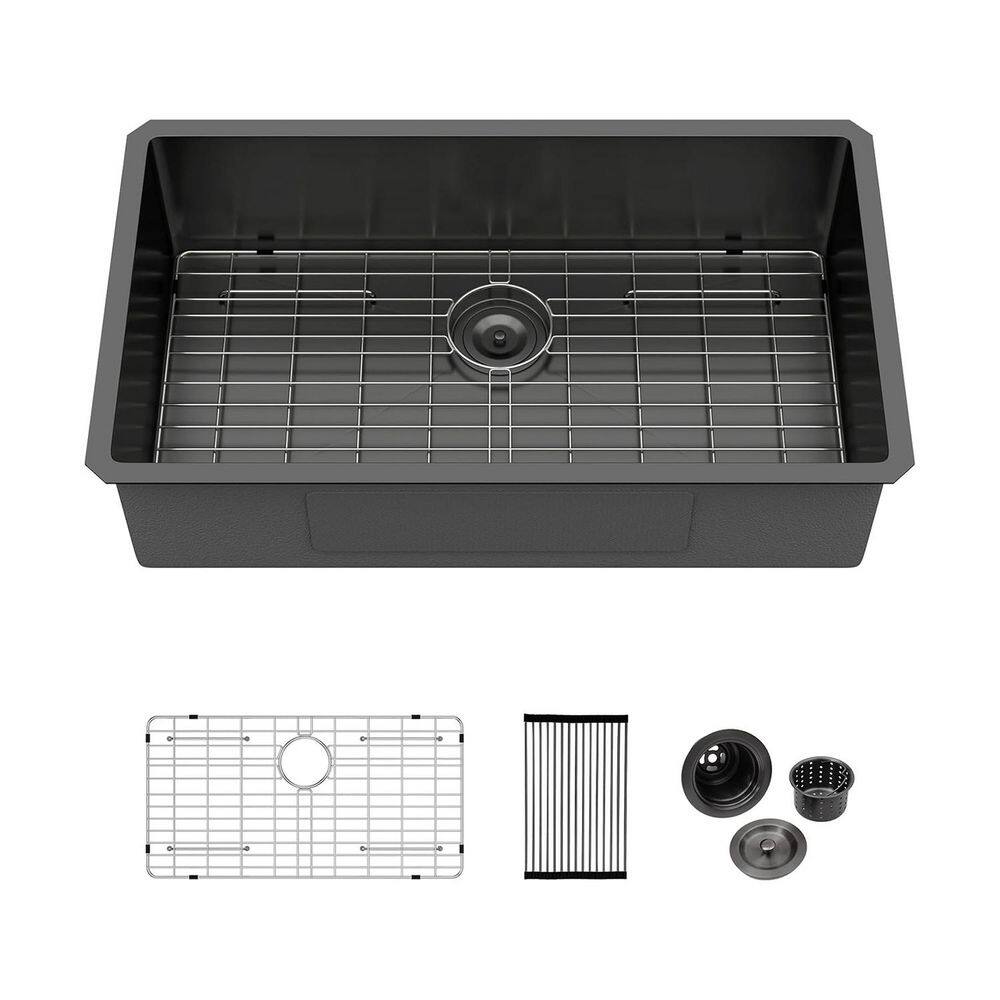 Logmey 33 in. Black Undermount Sink Single Bowl 16-Gauge Stainless ...