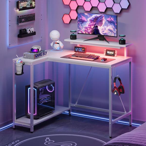 PINMOCO 42 in. L-Shaped Gray Carbon Fiber Reversible Gaming Desk LED ...