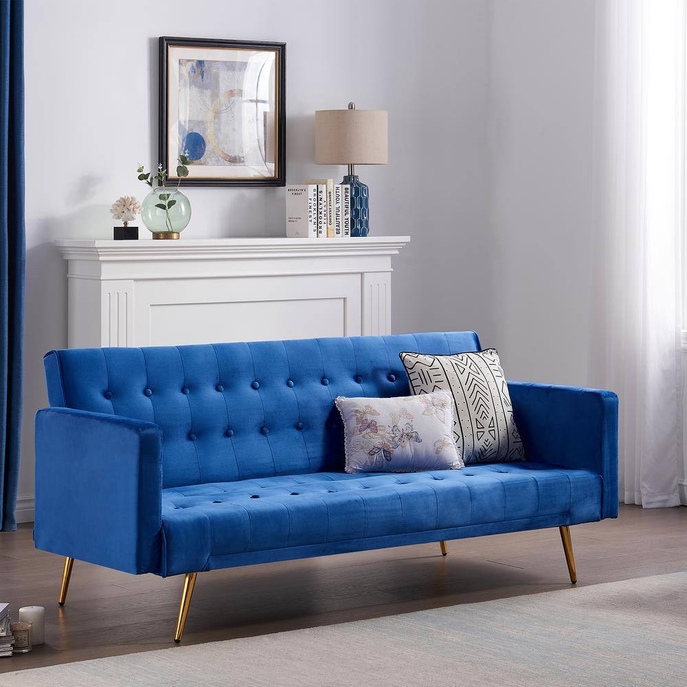 GODEER Blue Velvet Upholstered Modern Folding Sofa Bed Futon W90434424 ...