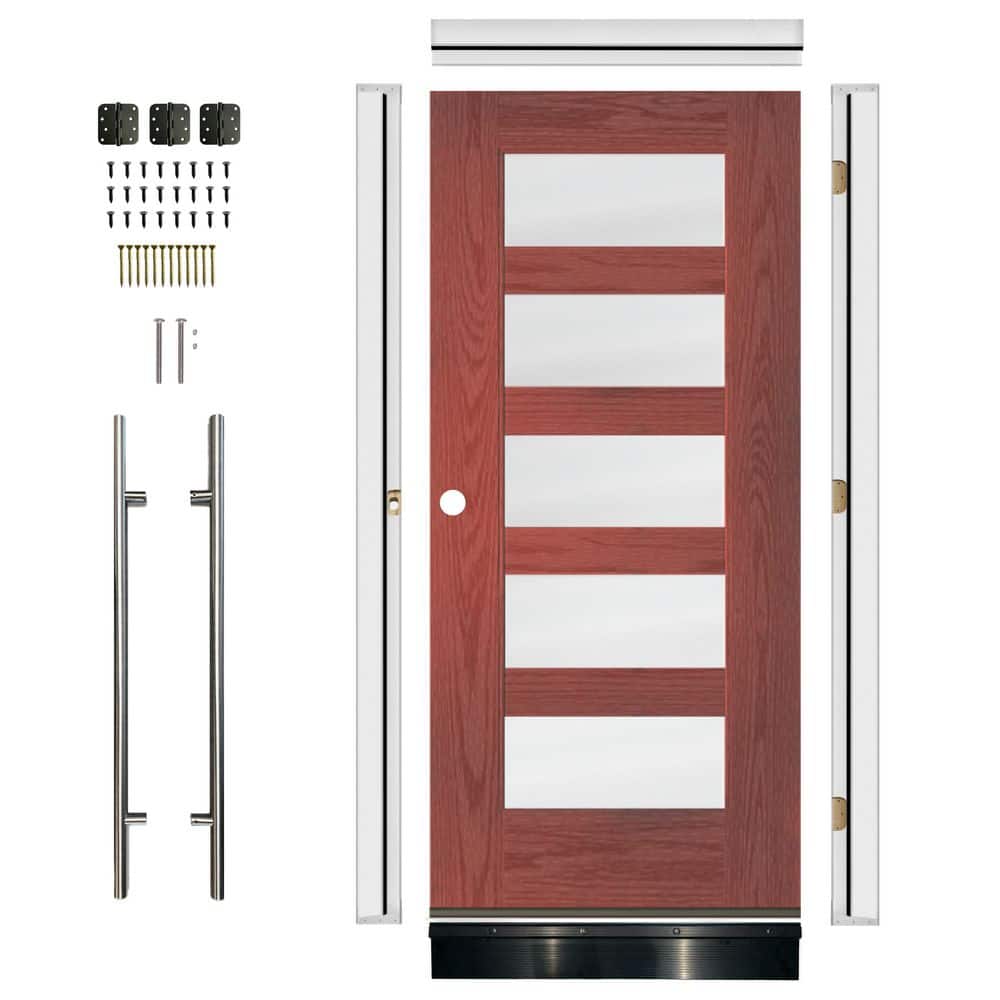 Krosswood Doors DIY RTA Kit Faux Pivot 36 x 80 in. 5-Lite Frosted Glass Right-Hand Redwood Stain ...