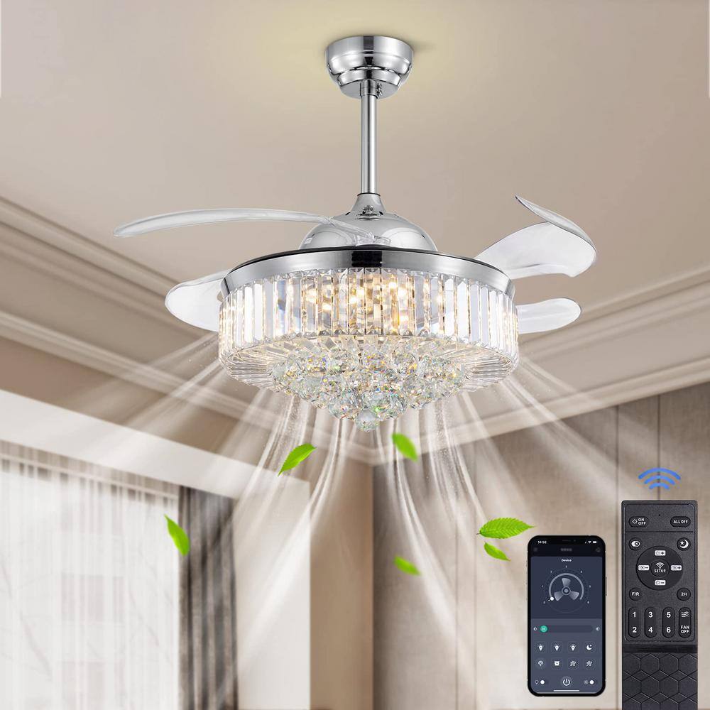 42 In. Indoor Chrome Smart Retractable Crystal Ceiling Fan with ...