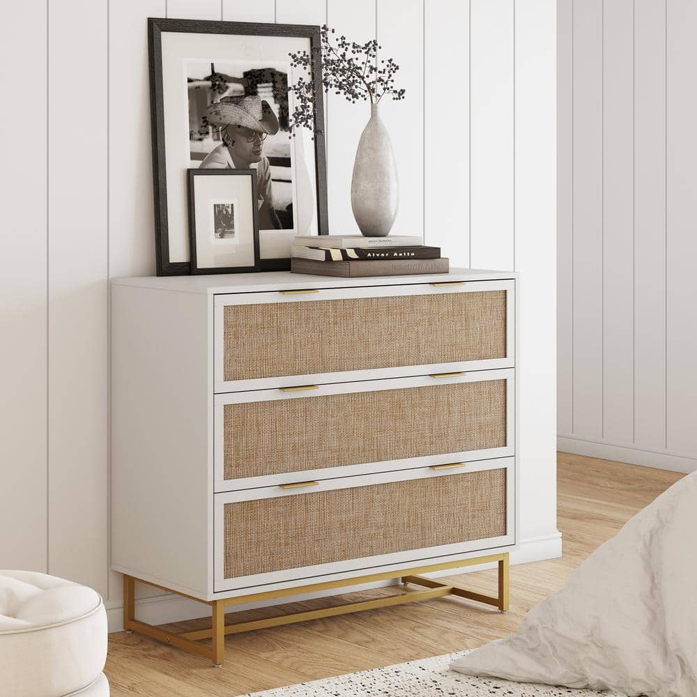 Nathan James Kova White Bohemian 3-Drawer Dresser with Rattan Accent ...