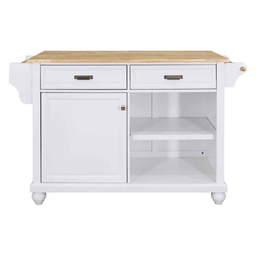 White Wood 57.5 in.. Kitchen Island with Storage Shelves, Rubber Wood ...