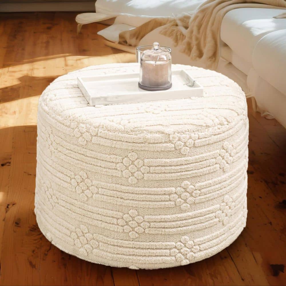 Linen Upholstery Material Round Shape Pouf Ottoman Plush Foam Footrest ...