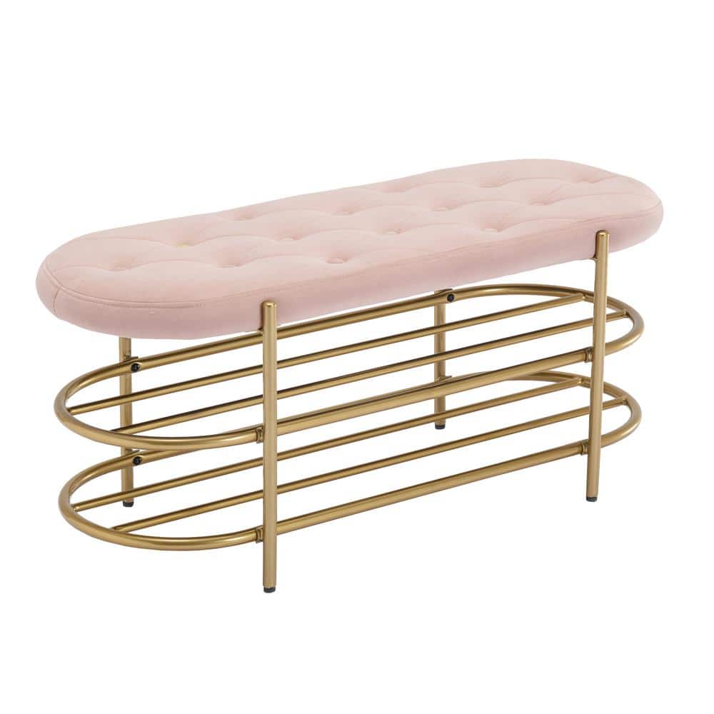 Pink Velvet Upholstered Bedroom Bench with 2-tier Shoe Shelf Space ...