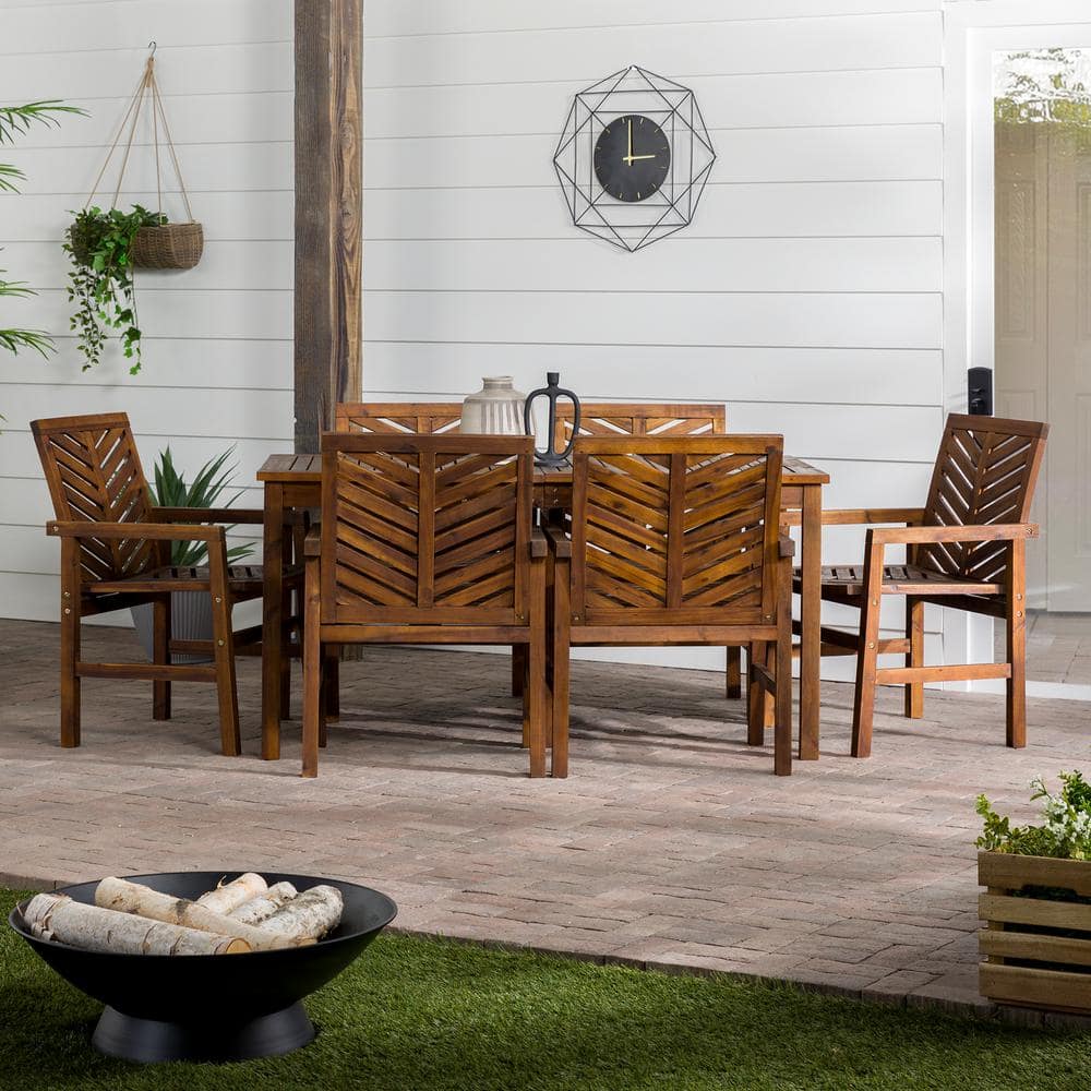 Walker Edison Furniture Company Chevron Dark Brown 7 Piece Wood Outdoor Patio Dining Set HD8083 The Home Depot