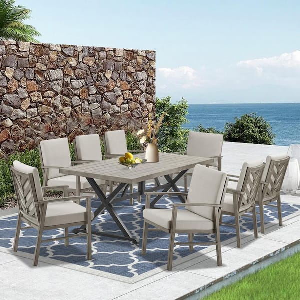 ULAX FURNITURE Amario 9 Piece Aluminum Patio Outdoor Dining Set with Echo Dune Sunbrella Cushions 8 Armchairs and Dining Table HD 970473 970423