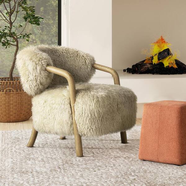 Jennifer Taylor Becker 33 in. Rustic Oak Sheepskin Upholstered Accent Living Room Arm Chair in Taupe Beige HMSN60710